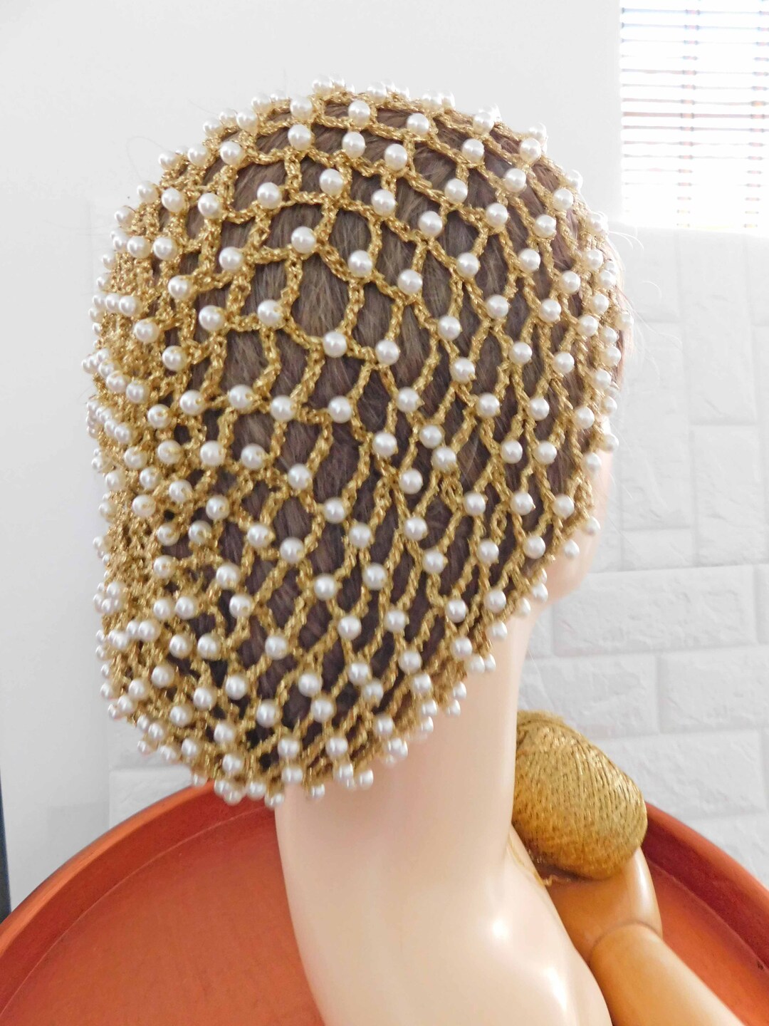 Gold Pearl Hair Net Snood . Fits Most . Max SPARKLY Metallic Yarn With ...