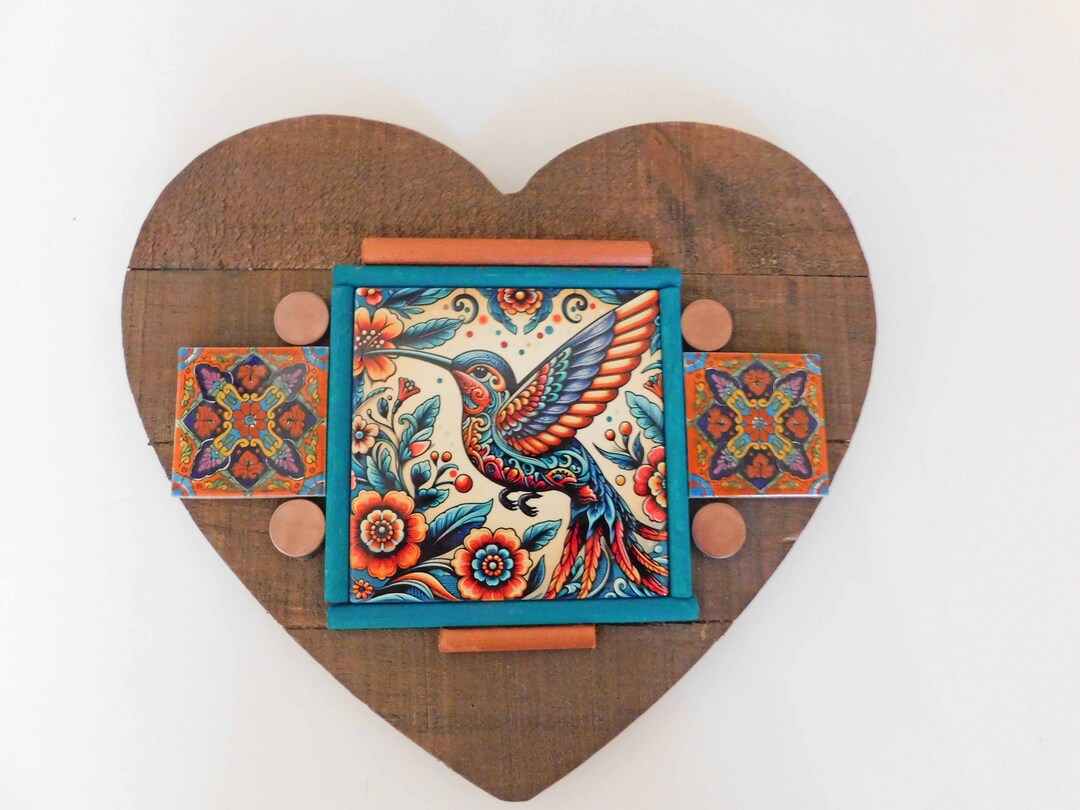 Tile Wood Heart Mexican Hummingbird Wall Art . Gift . Handmade ...