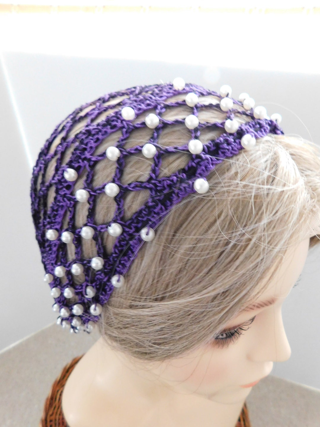 SALE !! Purple Hair Net Snood Head Covering . Pearls . Fits Most Double ...