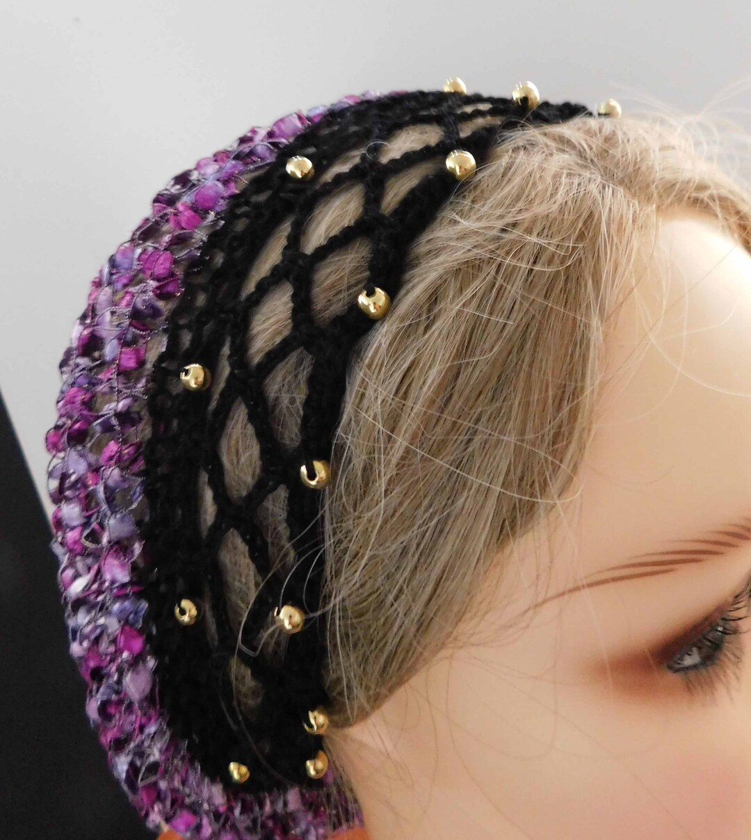 Beaded Snood Hair Net Head Covering . Long Hair . Gold Beads . Handmade ...