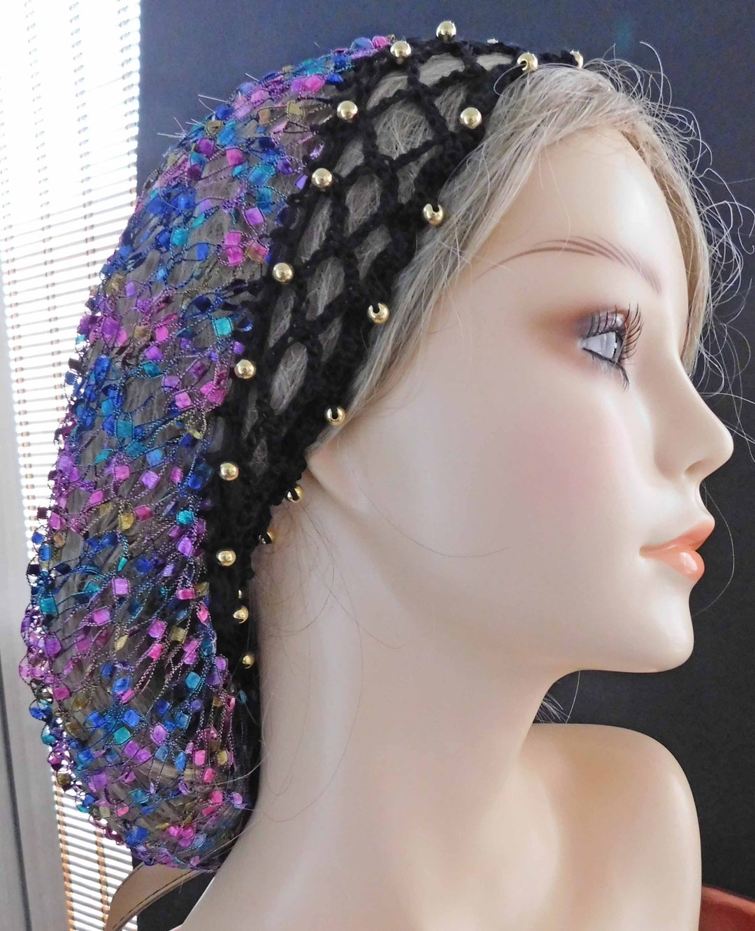 Gold Beaded Hair Net Snood Head Covering . Longer Hair . Handmade Lace ...