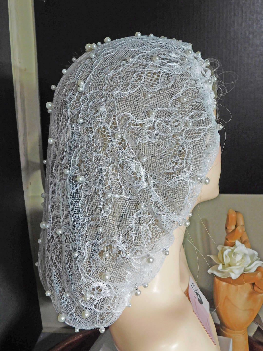 White Pearl Lace SNOOD Hair Net Head Covering | Fits Most | Adjustable ...