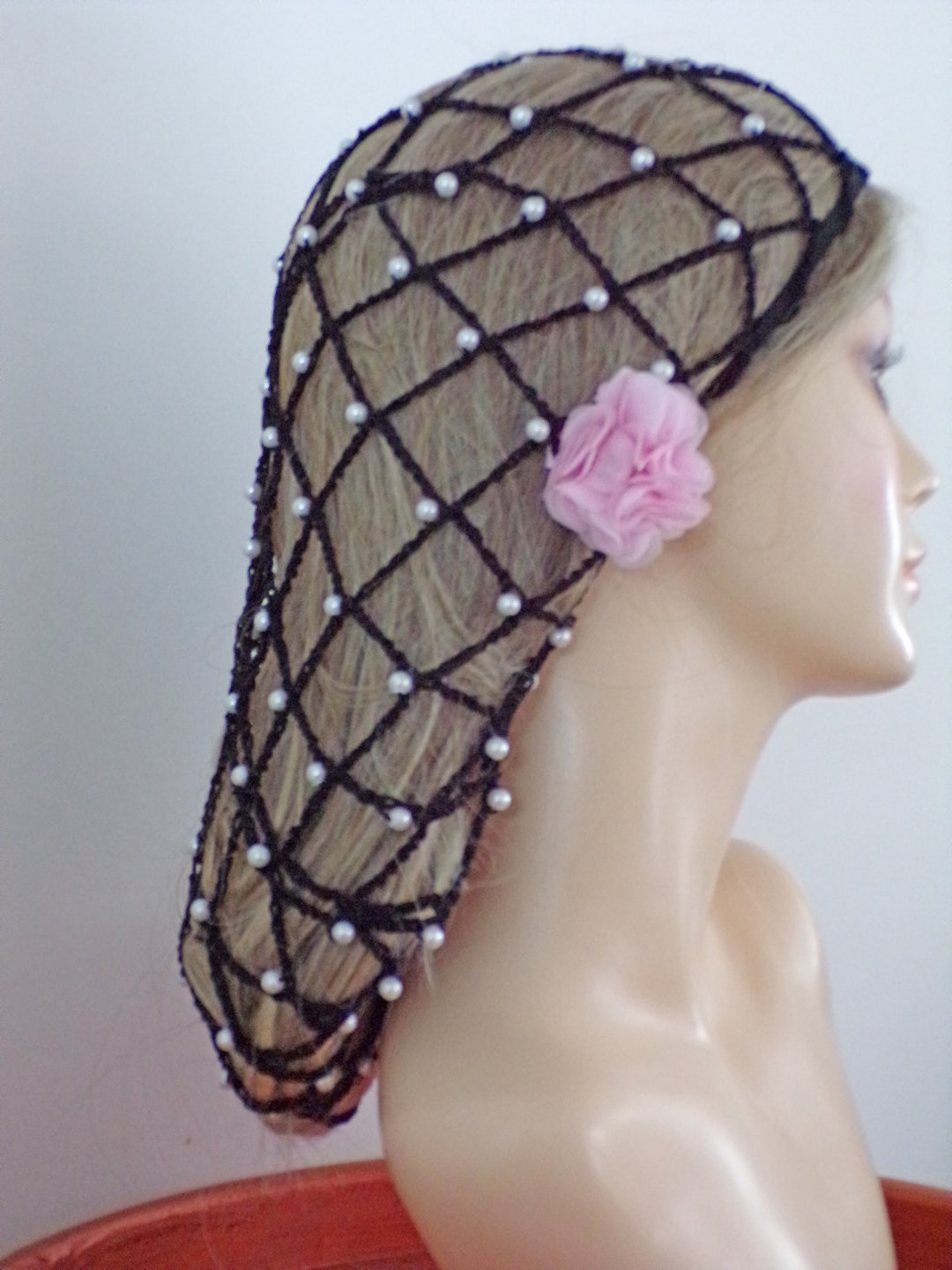 BLACK PEARL Fitted Hair Snood Net Head Cover . Adjustable . Stretchy 11 ...
