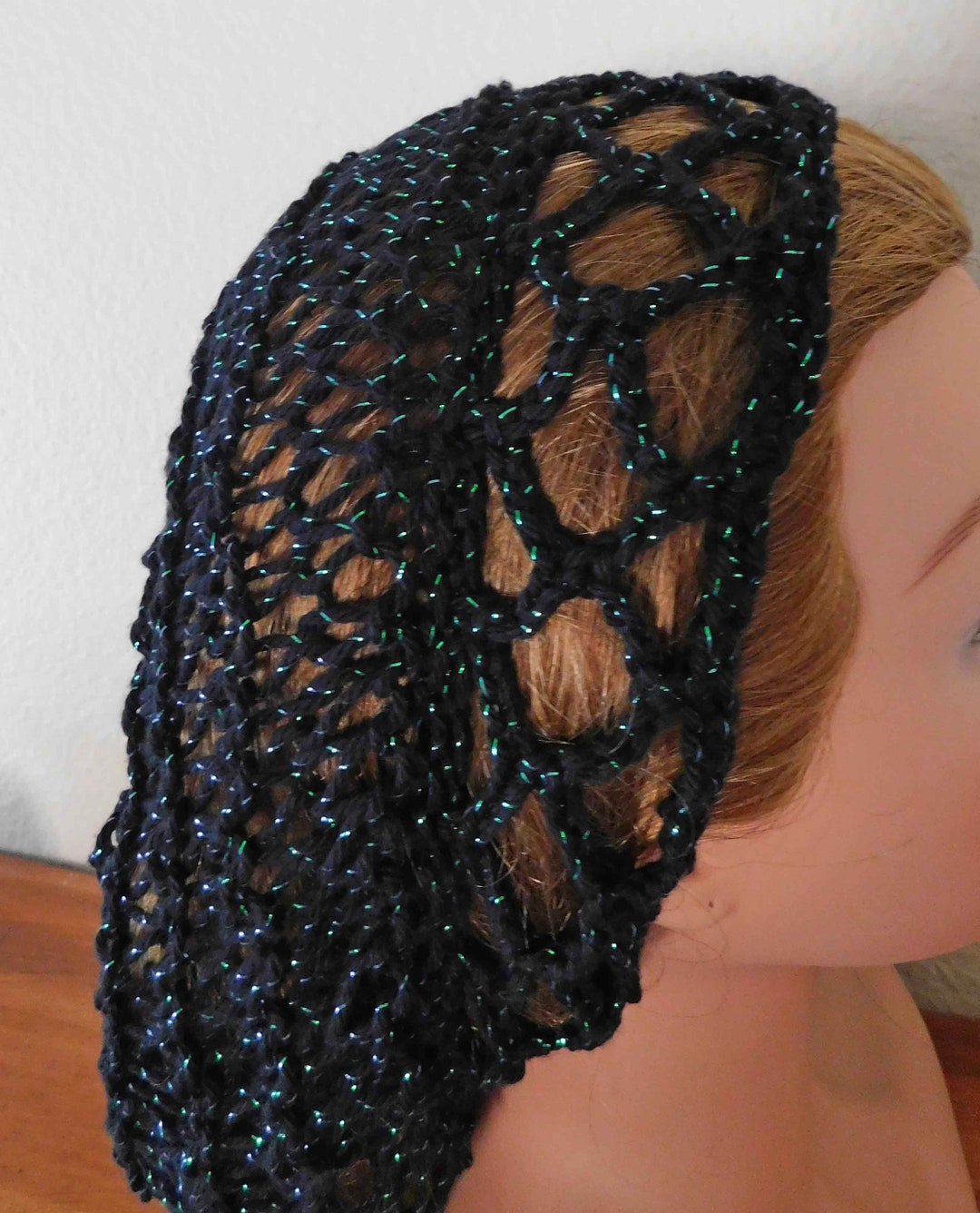 SALE !! Black Green Hair Net Snood Head Covering . Sparkly Metallic ...