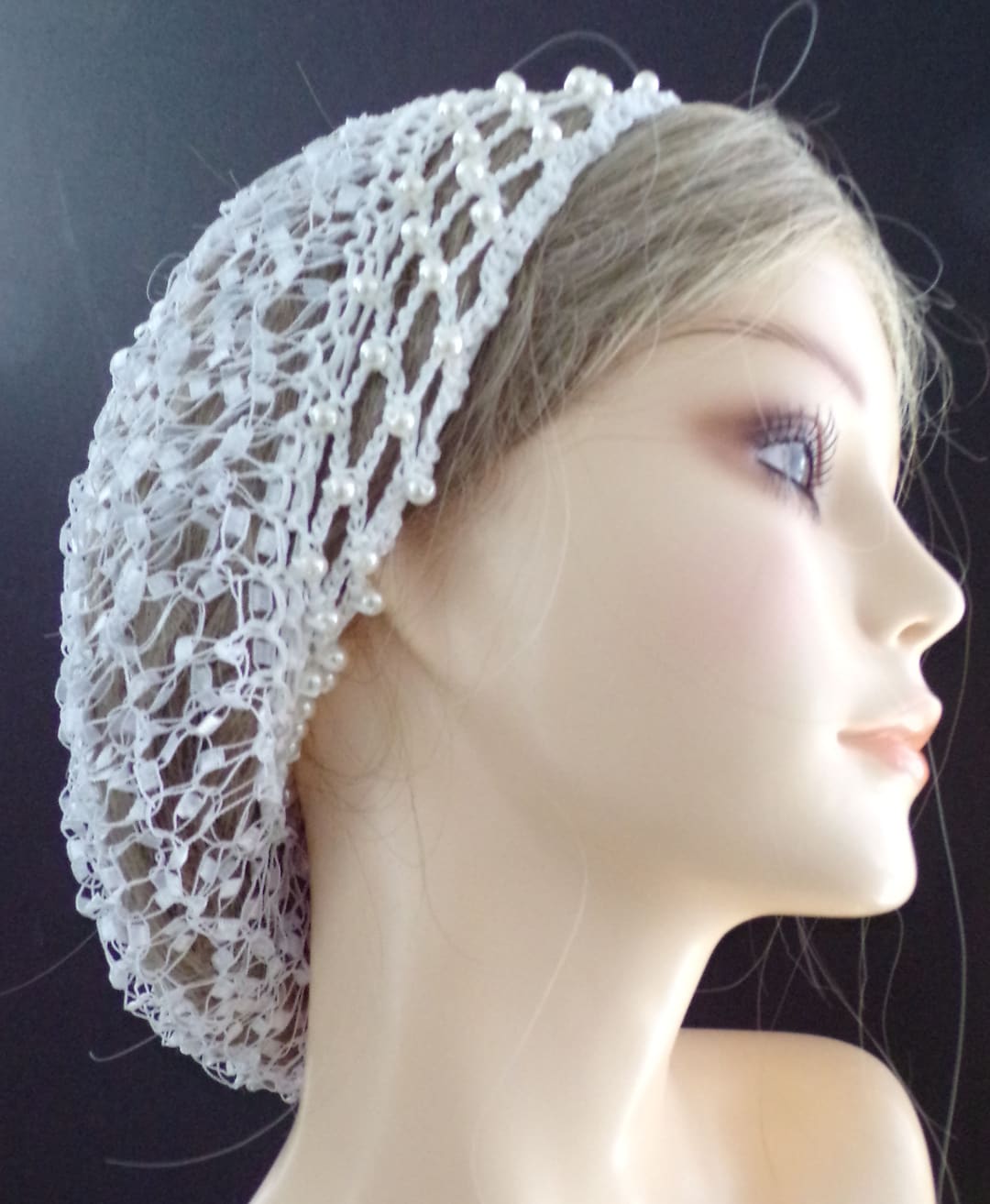 WHITE Crocheted PEARL Lace Hair Net Snood Head Covering . Adjustable ...