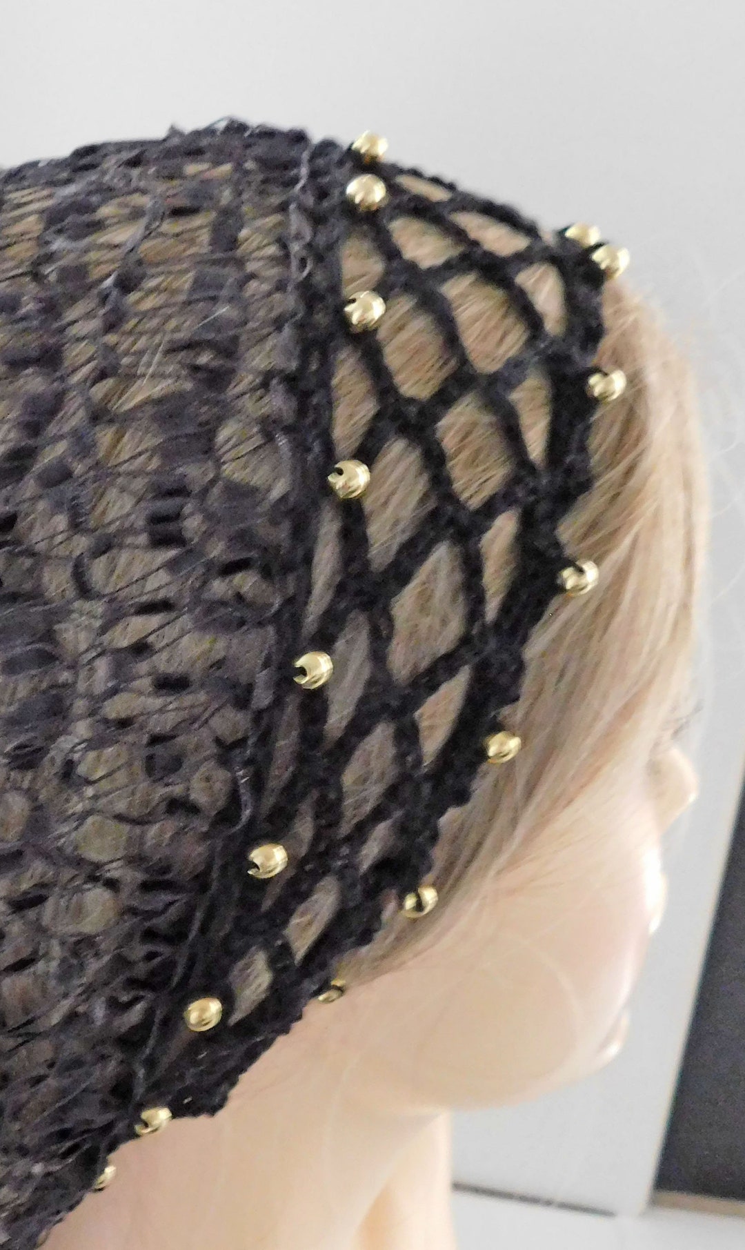 Black Gold Beads Lace Hair Net Snood Head Covering . Fits Most ...