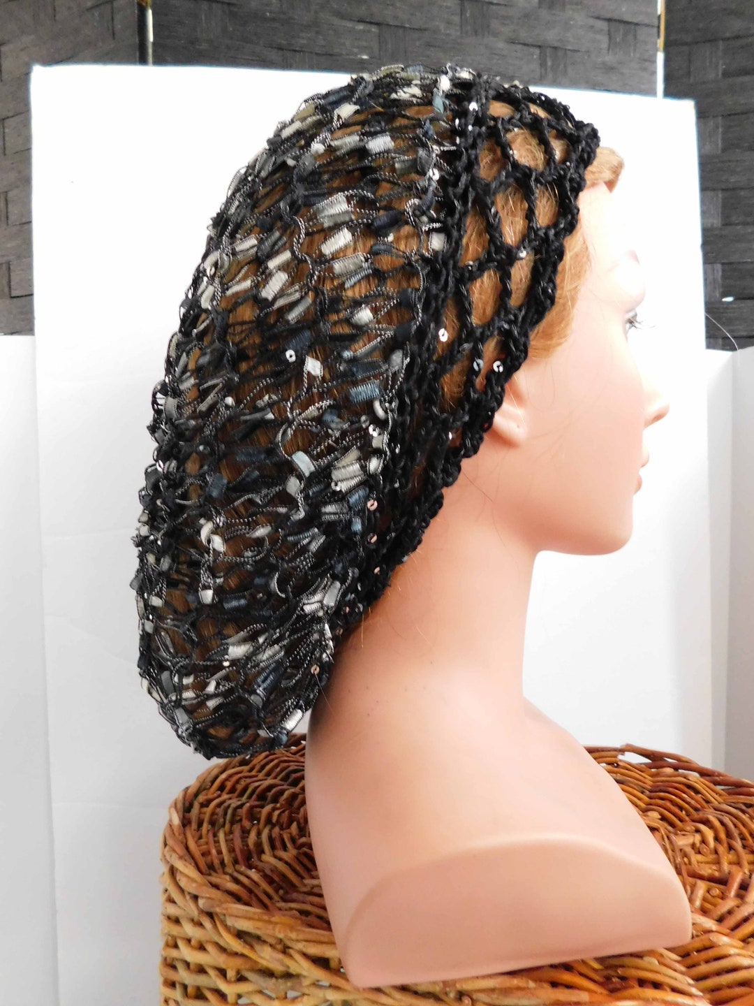 BLACK Sequin Snood Hair Net Head Covering . Fits Most . Sparkly ...