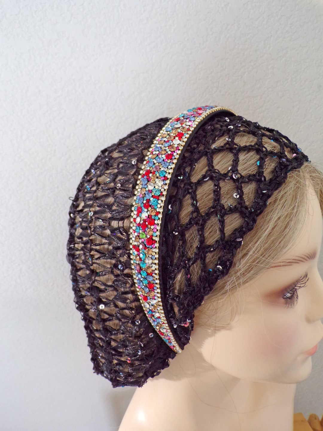 Black Hair Net Snood Head Covering . Multi Color Sequins . Fits Most ...