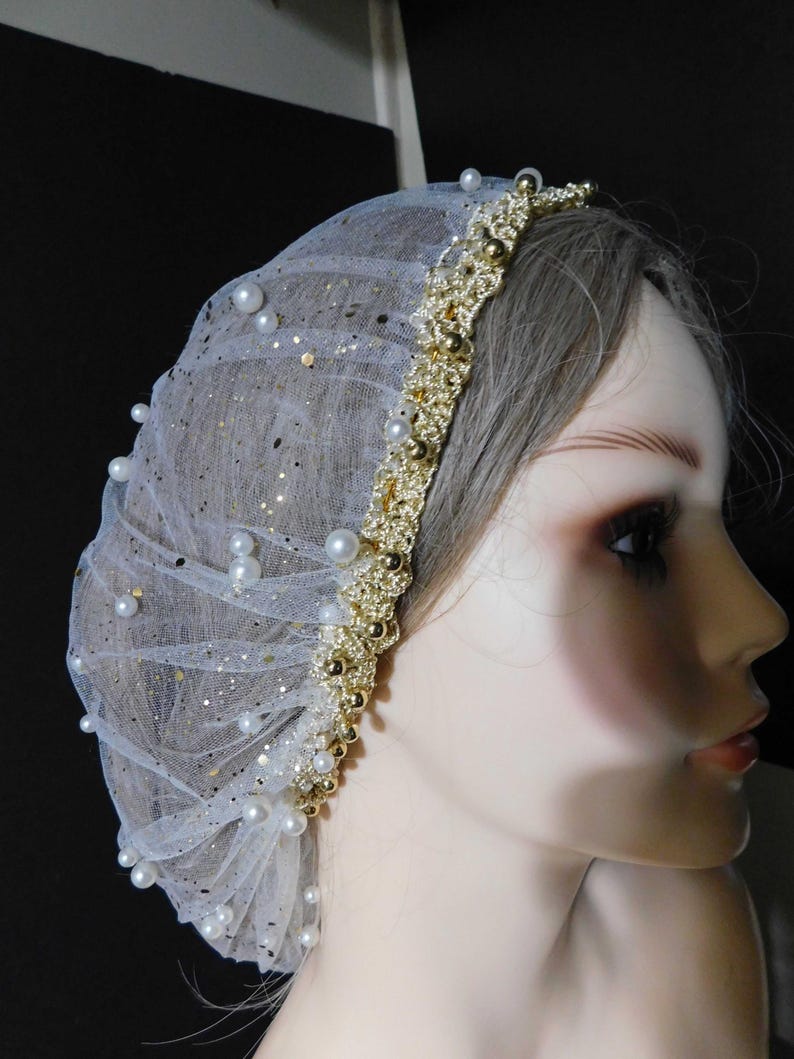 Stunning Pearls Gold Beaded Head Cover Snood | Fits Most | Adjustable ...