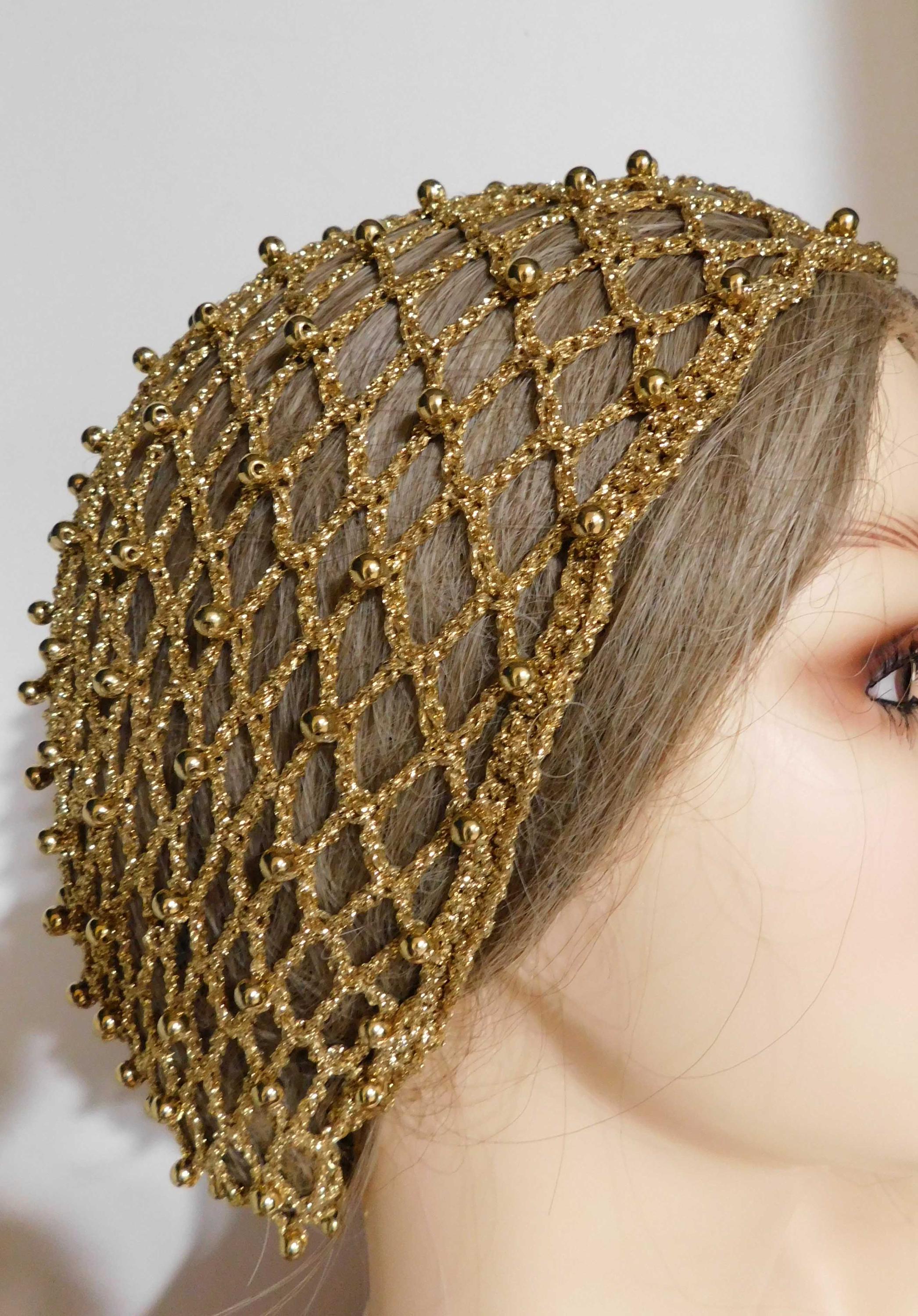 Gold Beaded Snood Head Cover . Fits Most . MAX SPARKLY Metallic Gold ...