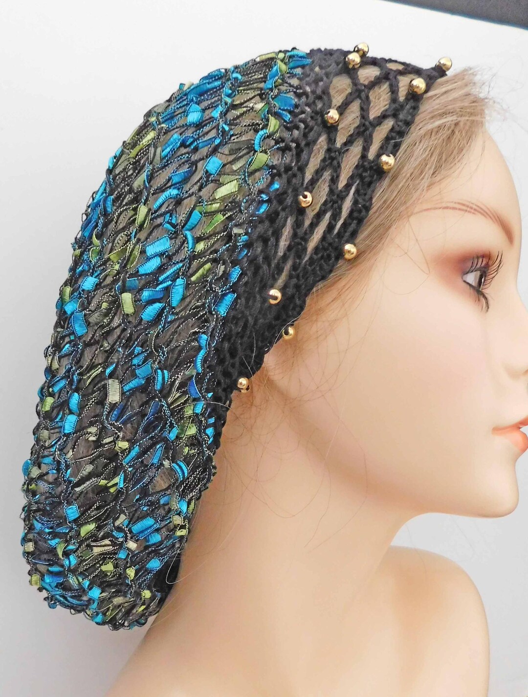 SALE !! Gold Beaded Hair Net Snood Head Cover . Fits Most . Shiny ...