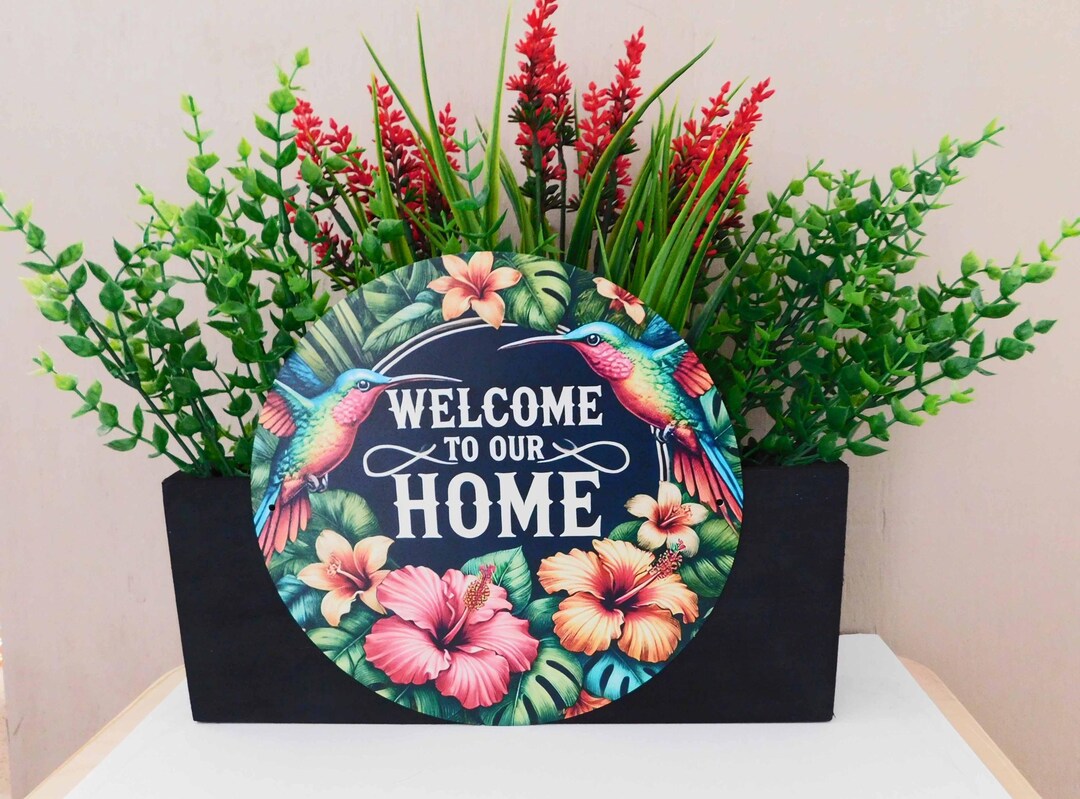 Wood Hanging Welcome Sign | Planter With Artificial Foliage Included ...