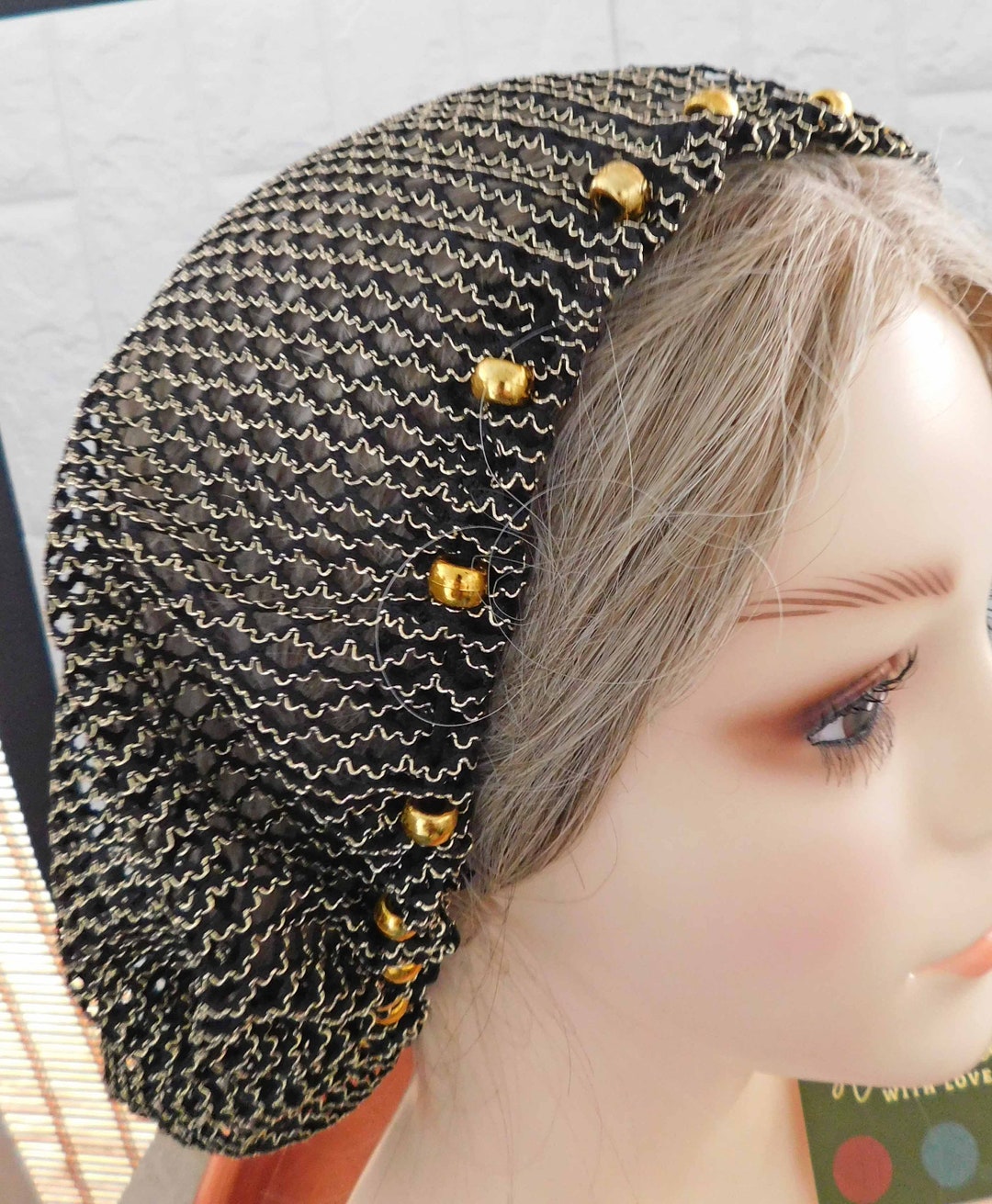 BEADED BLACK Gold Mesh Hair Net Snood Head Covering . Fits Most ...