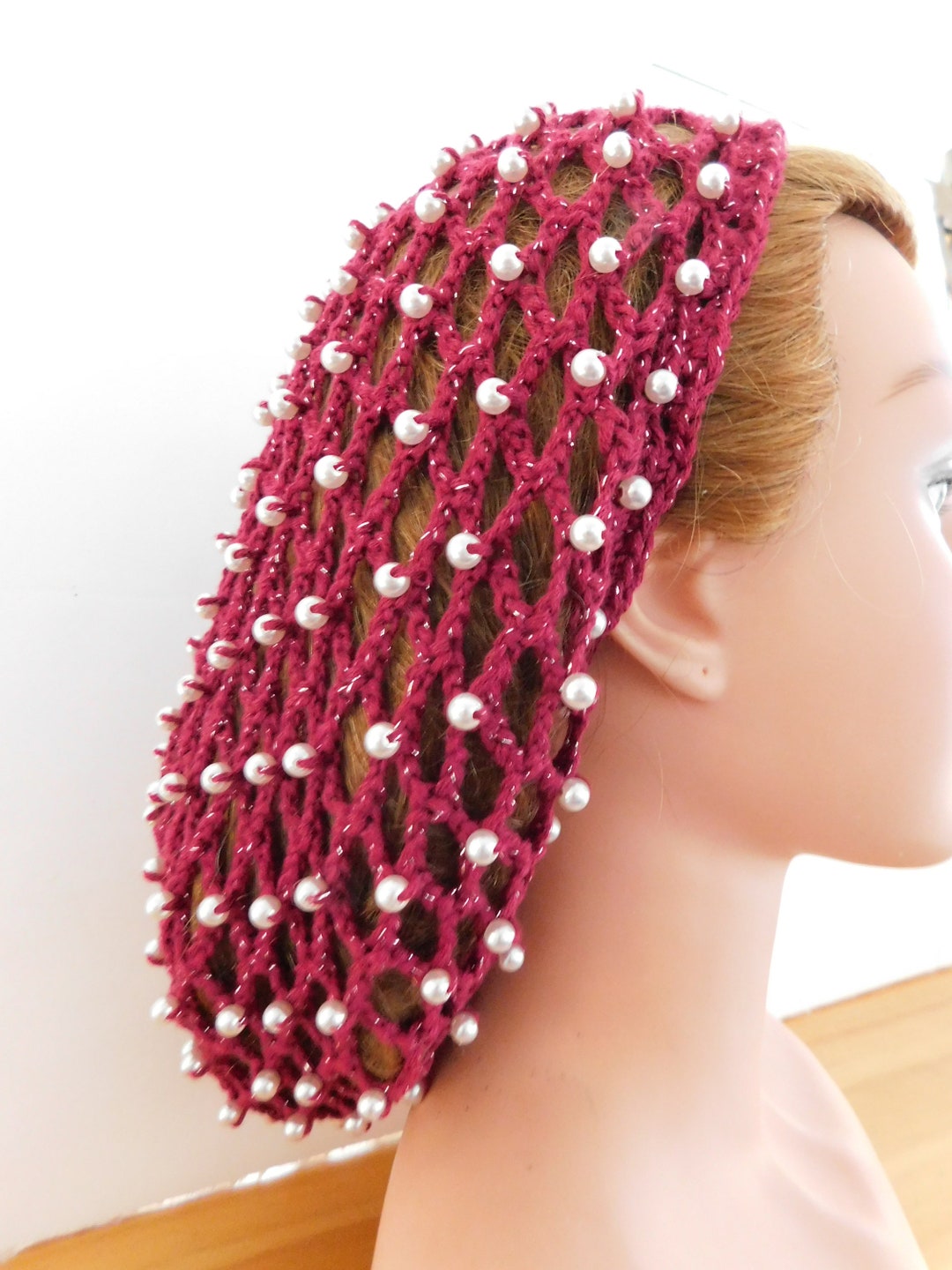Adjustable BURGUNDY PEARL SNOOD Hair Net Head Cover Fits Most . Silk ...