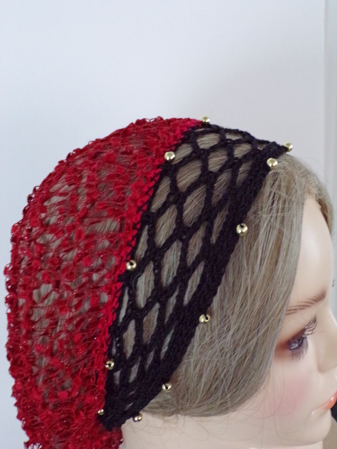 Red Black Hair Snood Net Head Covering . Fits Most . Gold Beads ...
