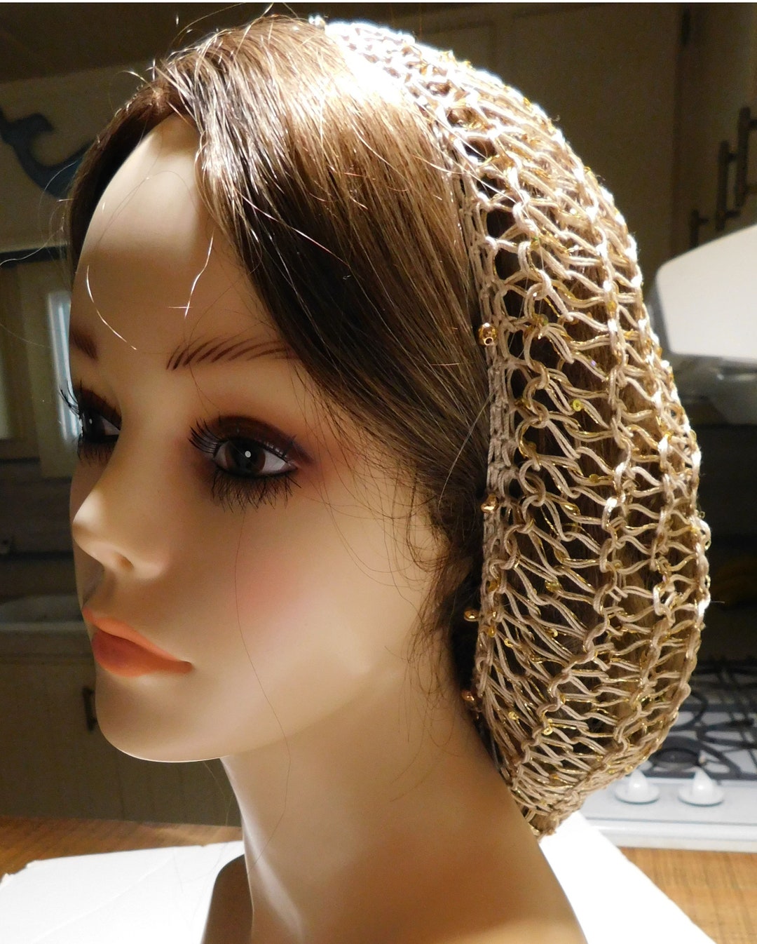 BEIGE GOLD BEADED Sequins Metallic Snood Hair Net . Totally Adjustable ...
