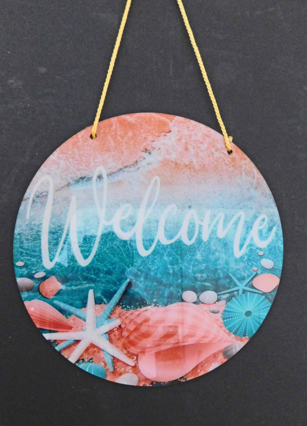 Coastal Welcome Sign 8 Round Seashells wreath Sign Holes & Hanging Rope ...