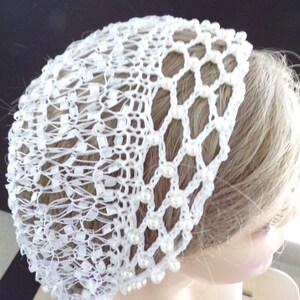 WHITE Crocheted PEARL Lace Hair Net Snood Head Covering . Adjustable ...