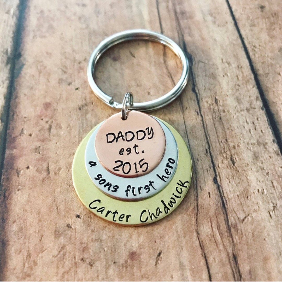 Custom Hand Stamped Keychain, Layered Keyring, Fathers Day Gift, New ...