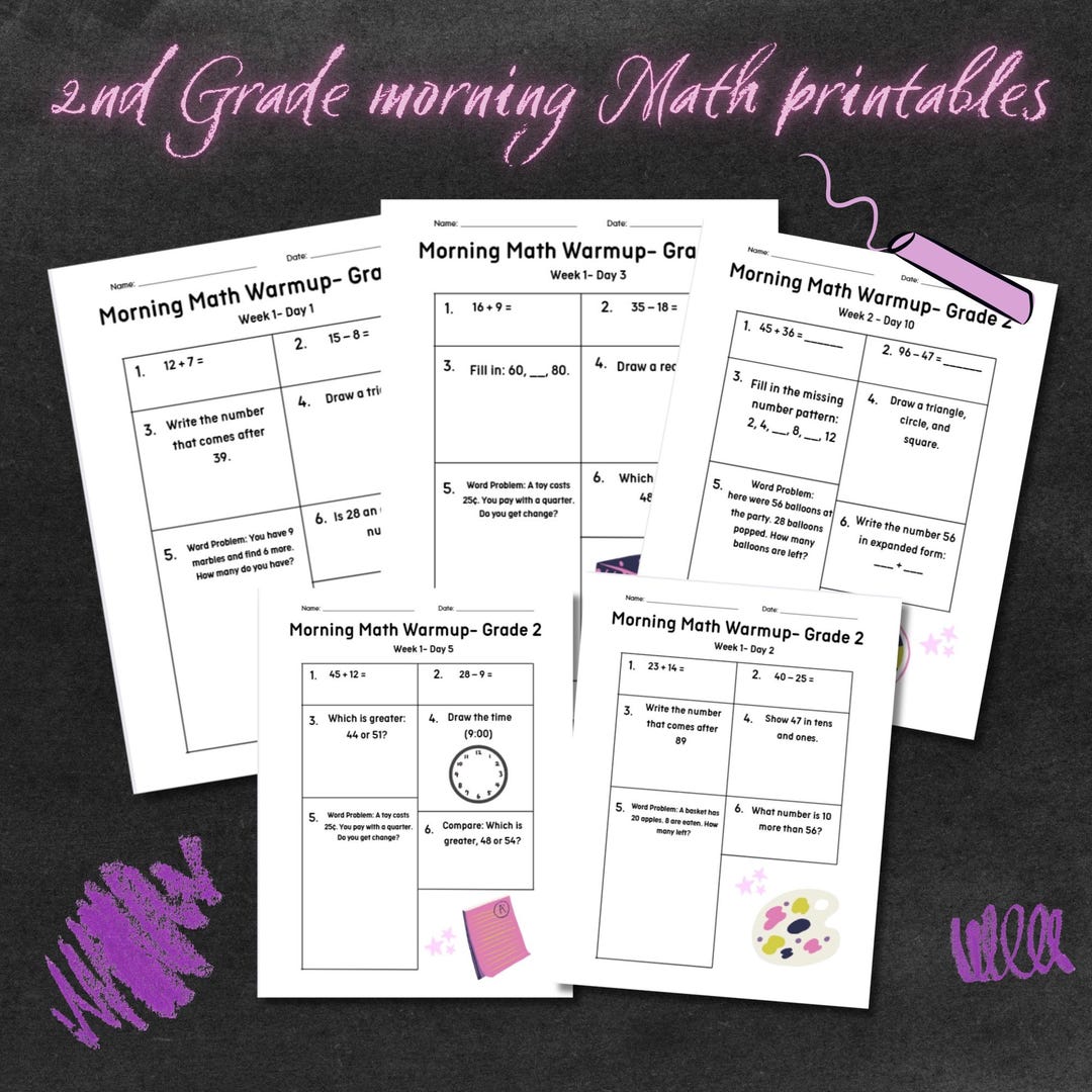 2nd Grade Math Morning Work Bundle | 10 Printable Worksheets | Addition ...