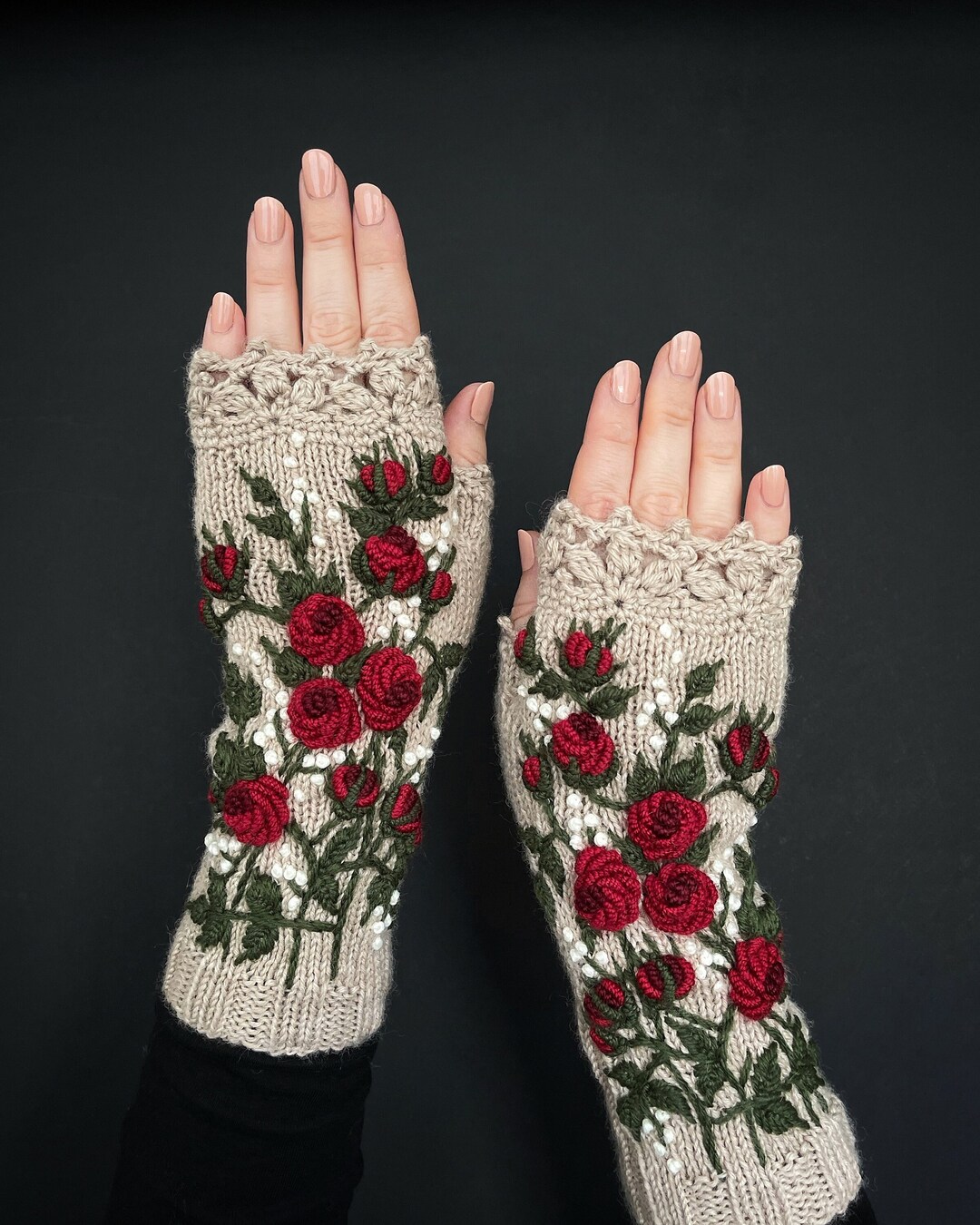 M/S Size Beige Gloves With Red Roses, Hand Embroidered and Knitted ...