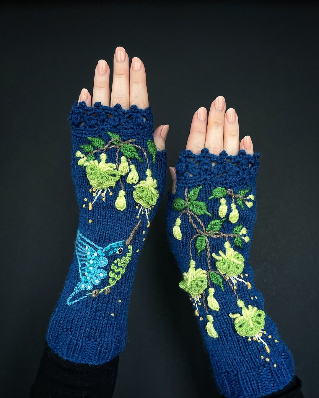 Embroidered Fingerless Wool Mitts: Indigo Hummingbird Gloves - Etsy