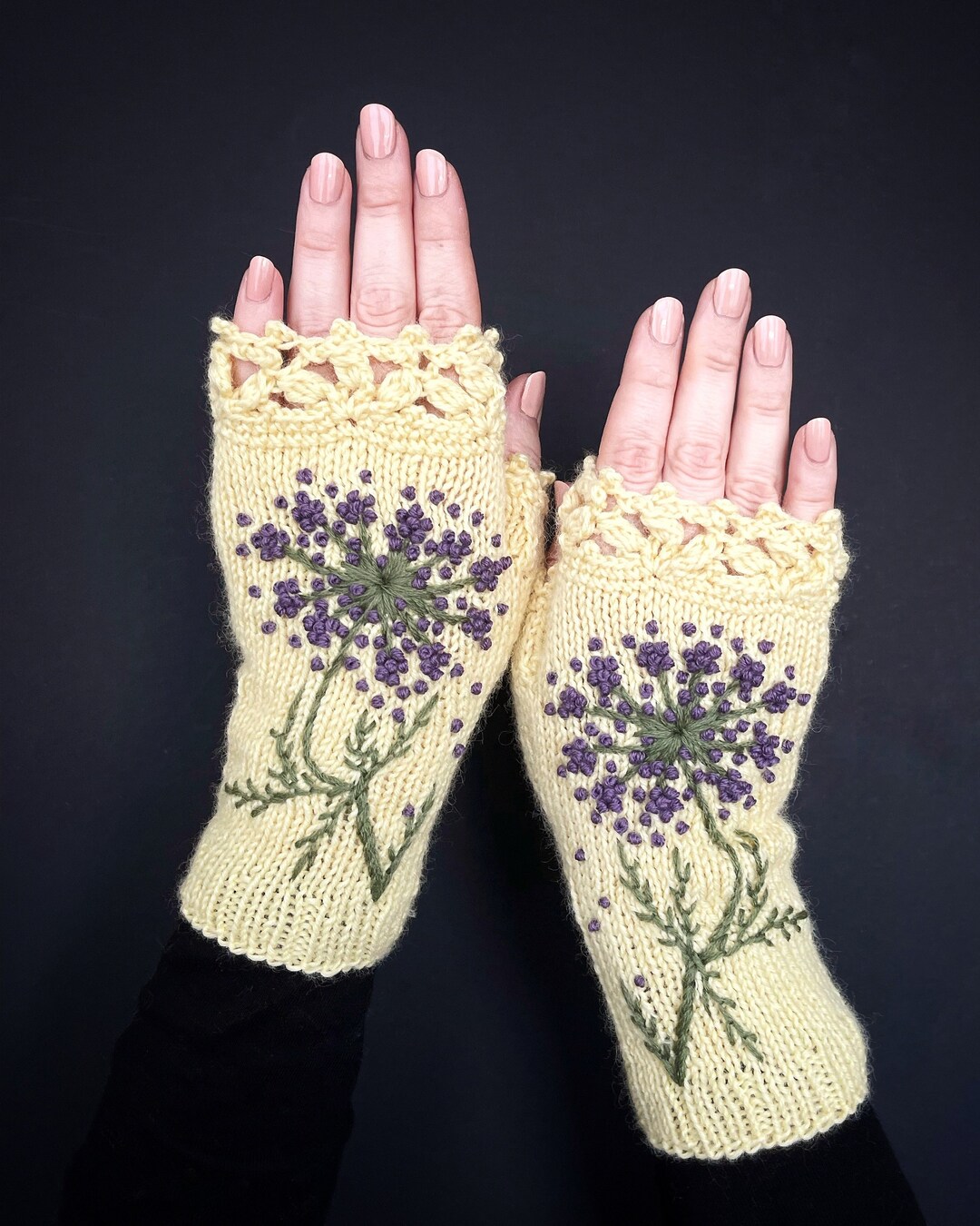 Light Yellow Embroidered Gloves With Flowers, Knitted Fingerless Gloves ...