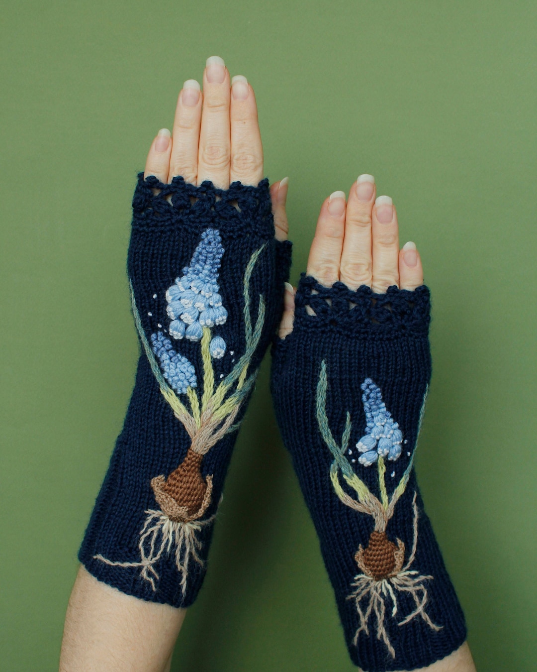 Dark Blue Gloves With Spring Flowers, Grape Hyacinth Blossoms ...