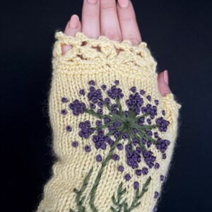 Light Yellow Embroidered Gloves With Flowers, Knitted Fingerless Gloves ...