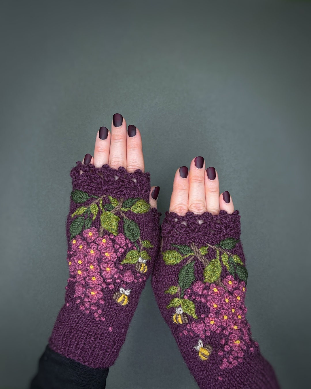 Purple Gloves With Lilacs and Bees Mittens, Knitted Fingerless Gloves ...