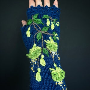Indigo Gloves, Hummingbird and Fuchsia, Fingerless Mitts, Embroidered ...