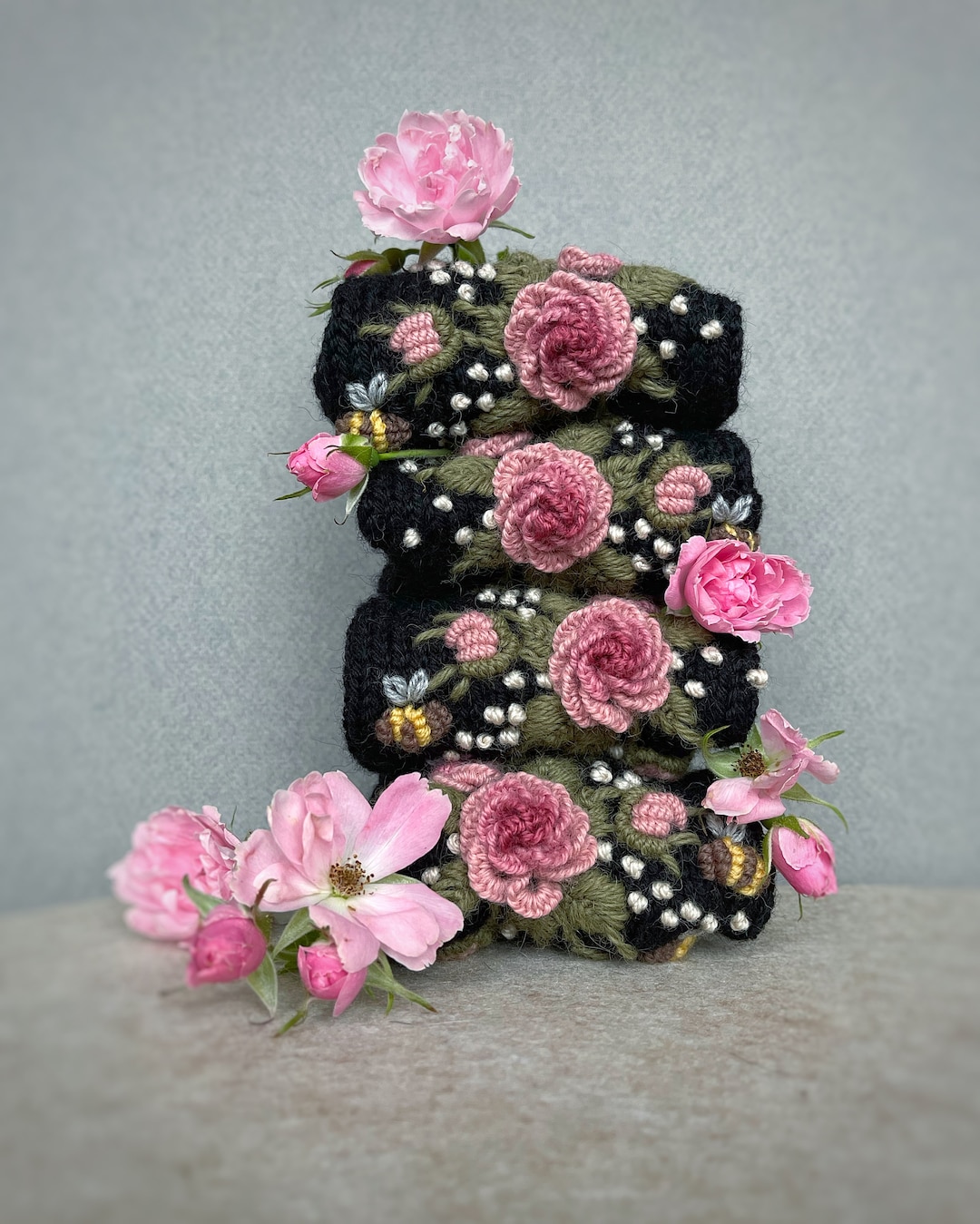 Knitted Fingerless Gloves: Black Mittens With Pink Roses and Bees - Etsy
