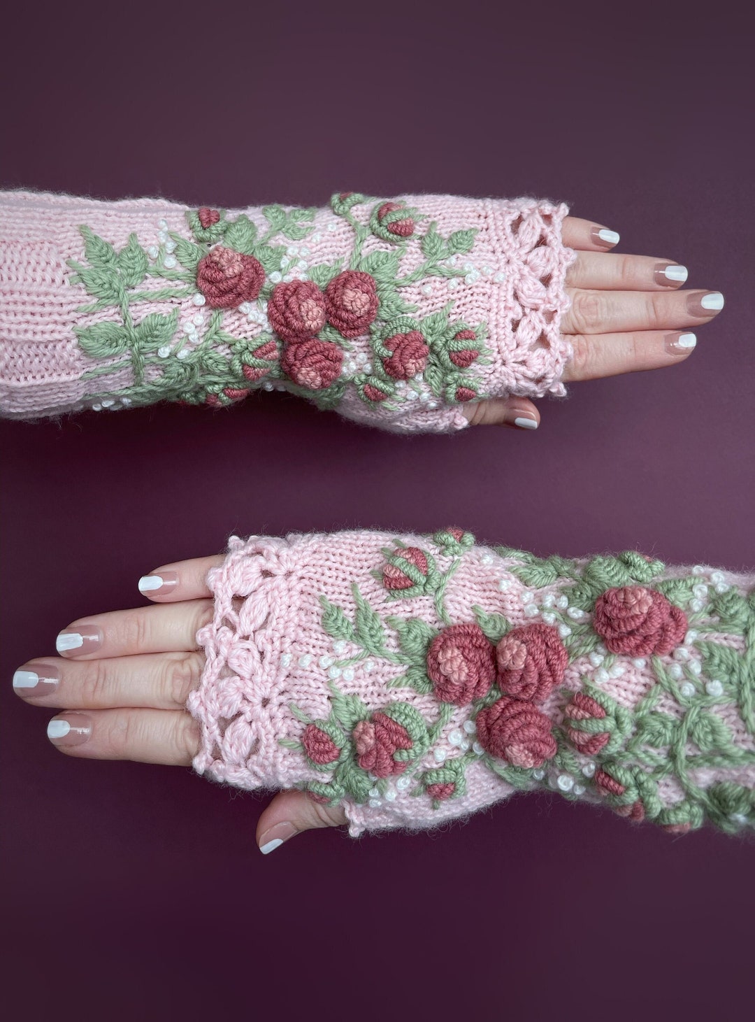 Pink Rose Gloves, Soft Pink Gloves, Embroidered Knitted Fingerless ...