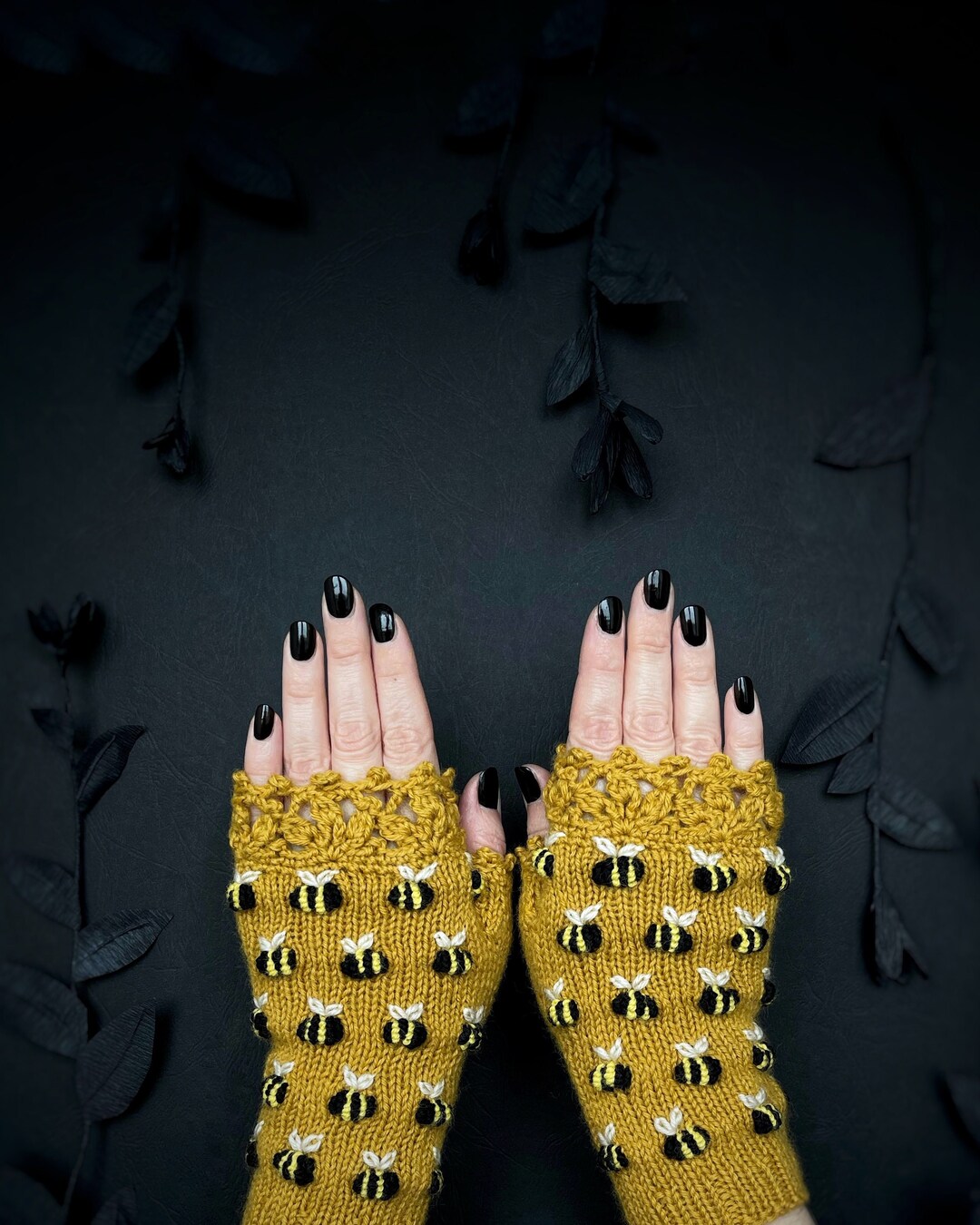 Mustard Gloves With Bees, Fingerless Gloves With Bees, Embroidery, Bee ...