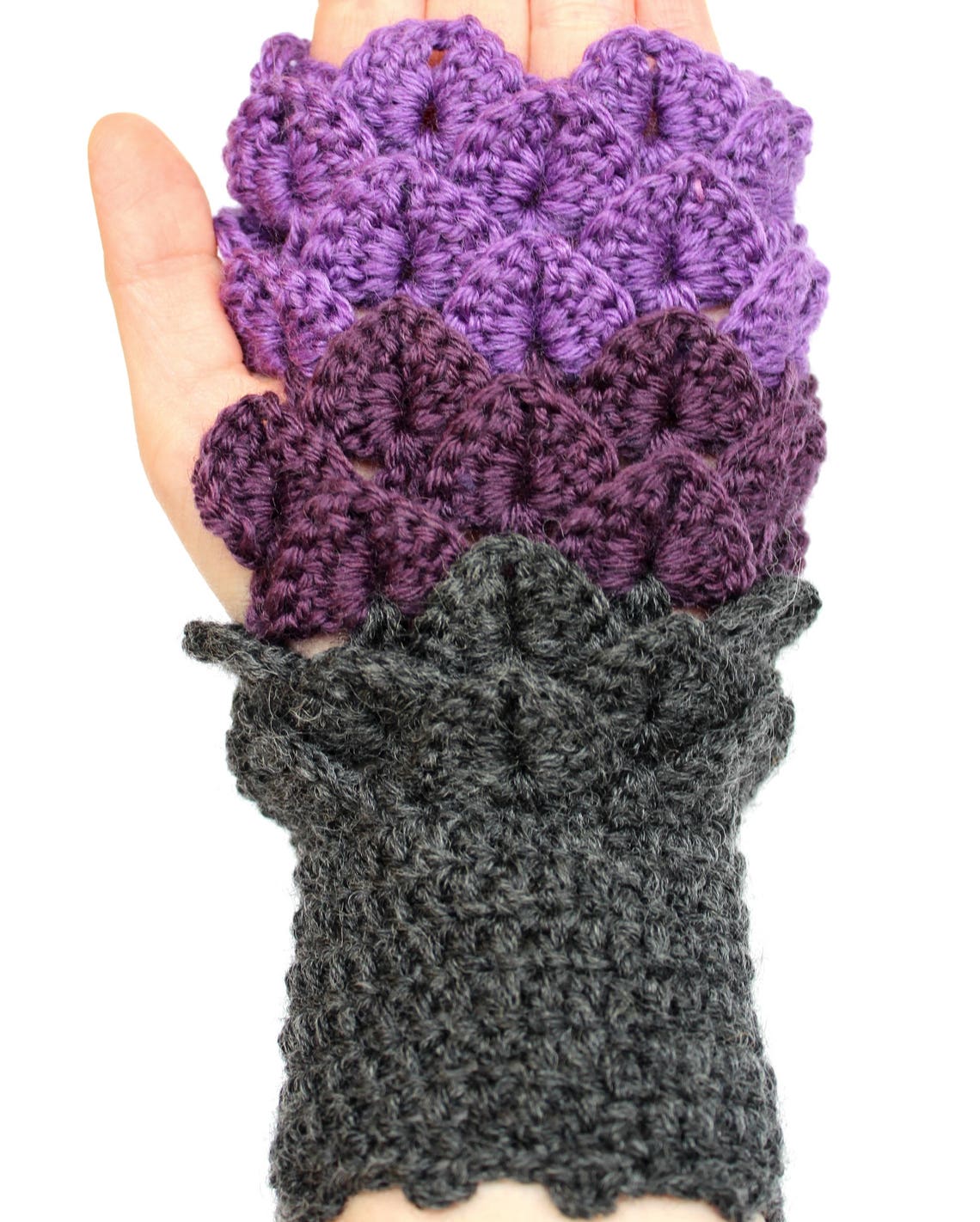 Hand Crocheted Fingerless Gloves, Violet, Dark Gray, Clothing and ...
