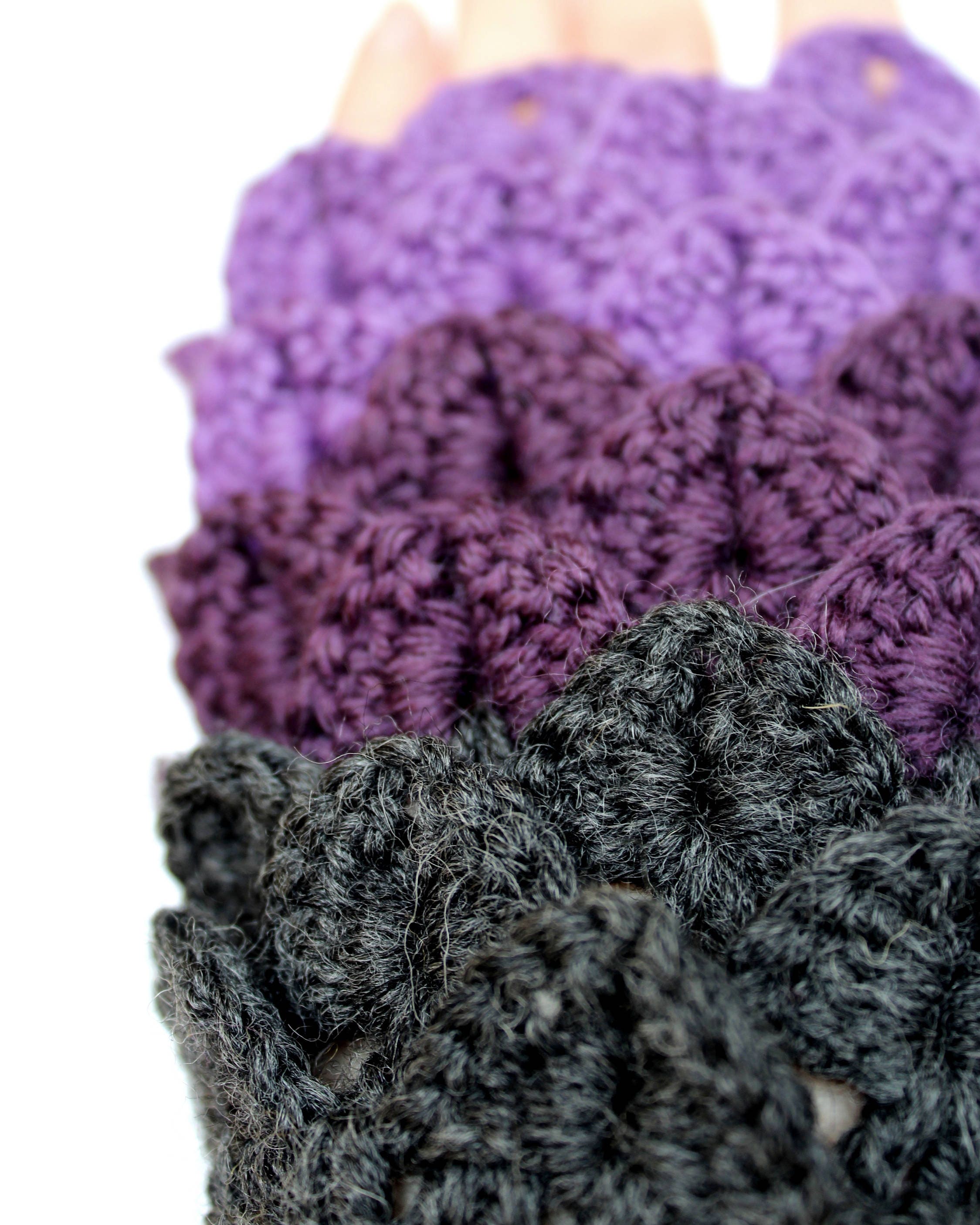 Hand Crocheted Fingerless Gloves, Violet, Dark Gray, Clothing and ...