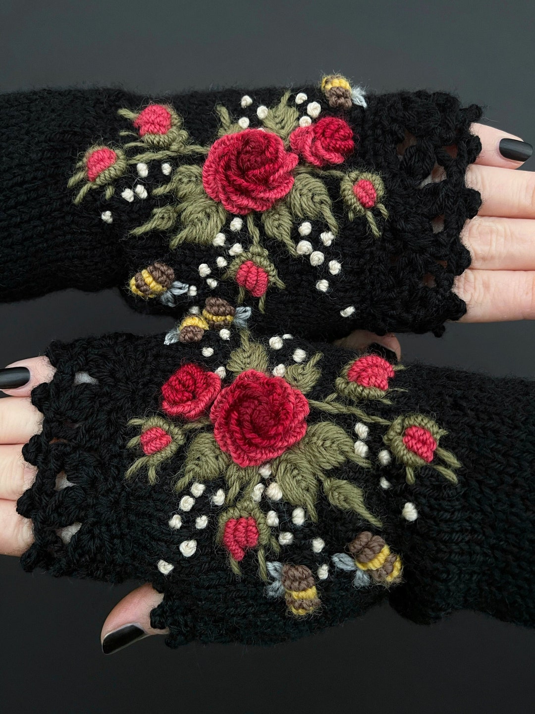Hand Knitted Fingerless Gloves: Black Wool Mitts With Red Roses & Bees ...