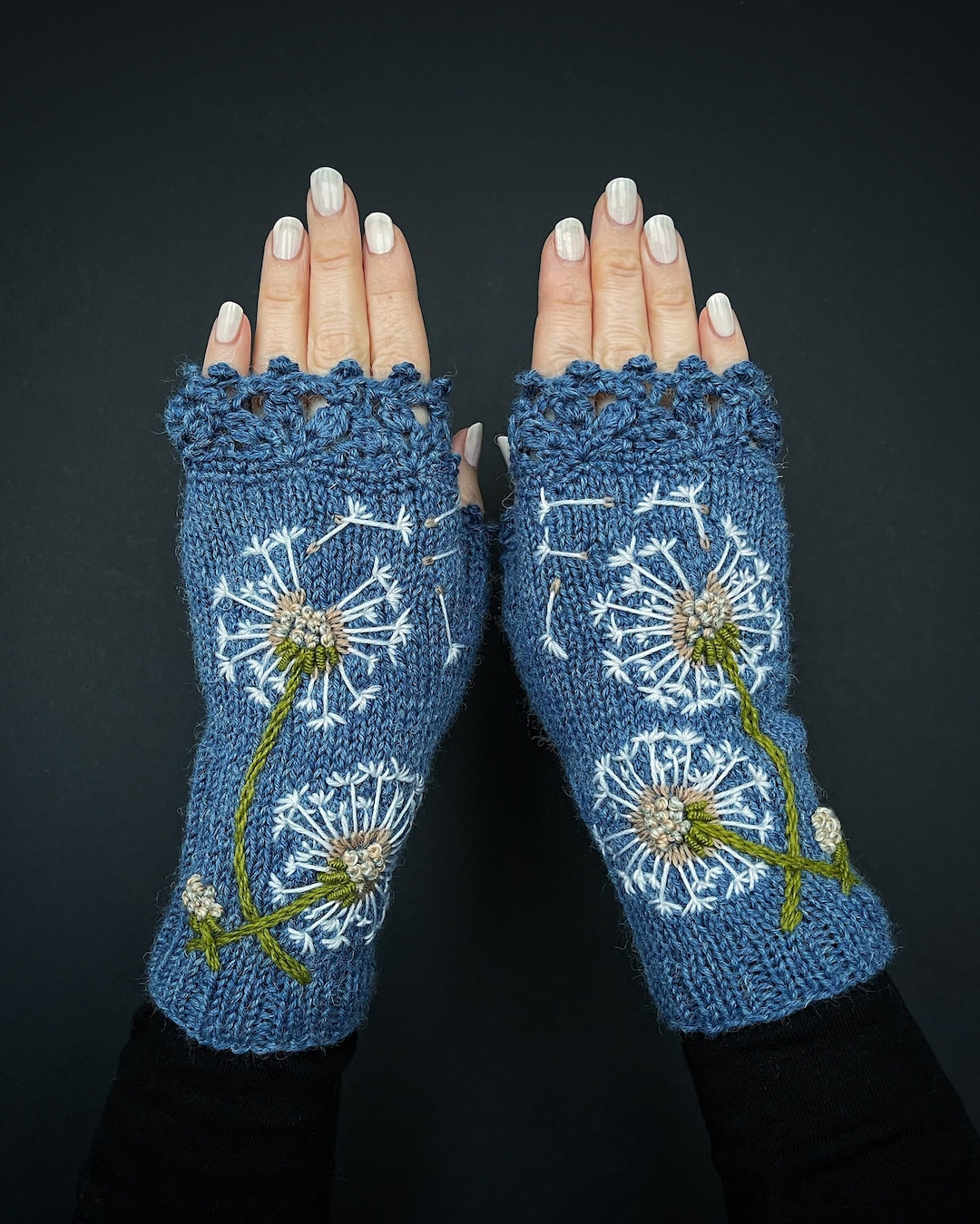 Denim Blue Gloves With White Dandelions, Embroidered Gloves, Knitted ...