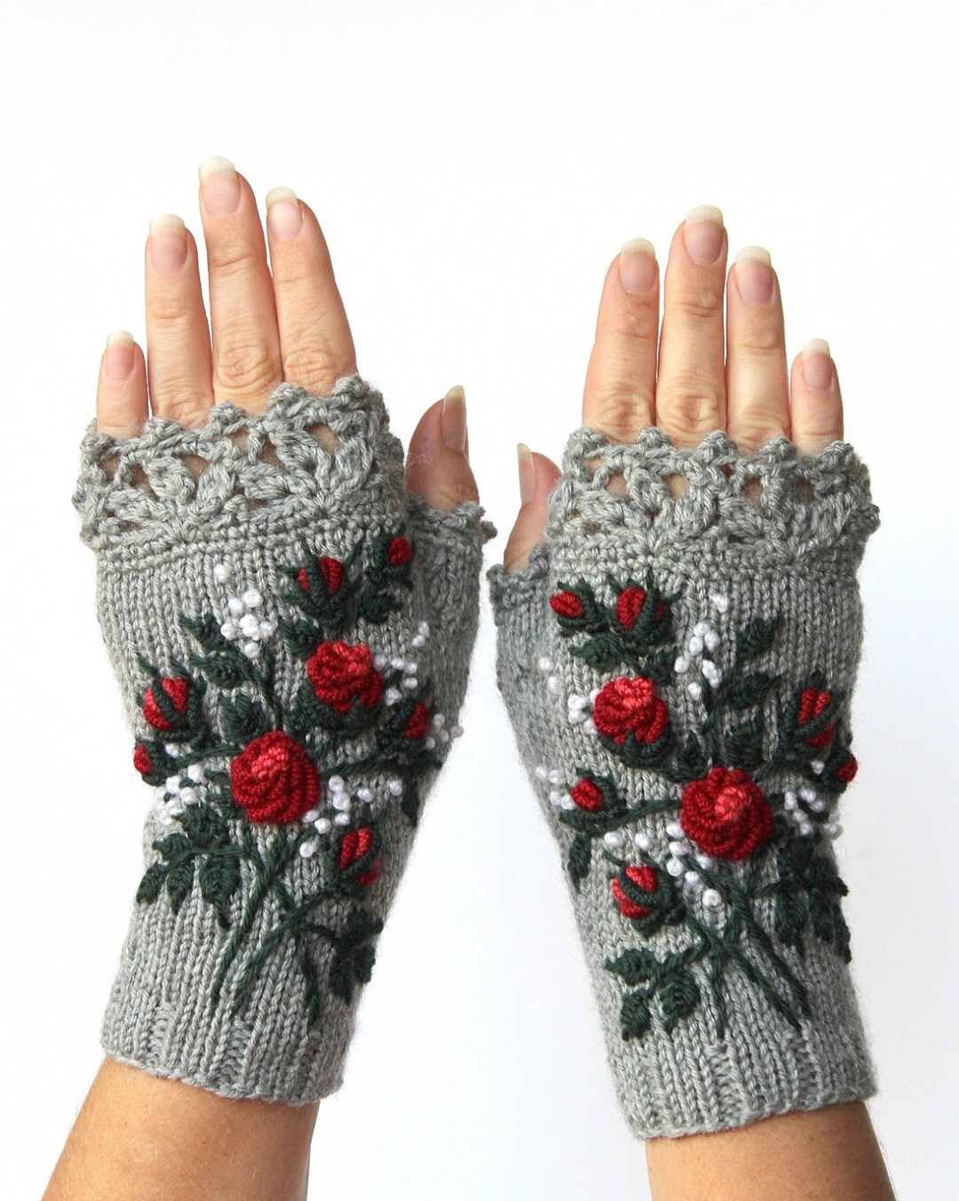 SMALL Size XS/S Gray Gloves With Red Roses, Knitted Fingerless Gloves ...