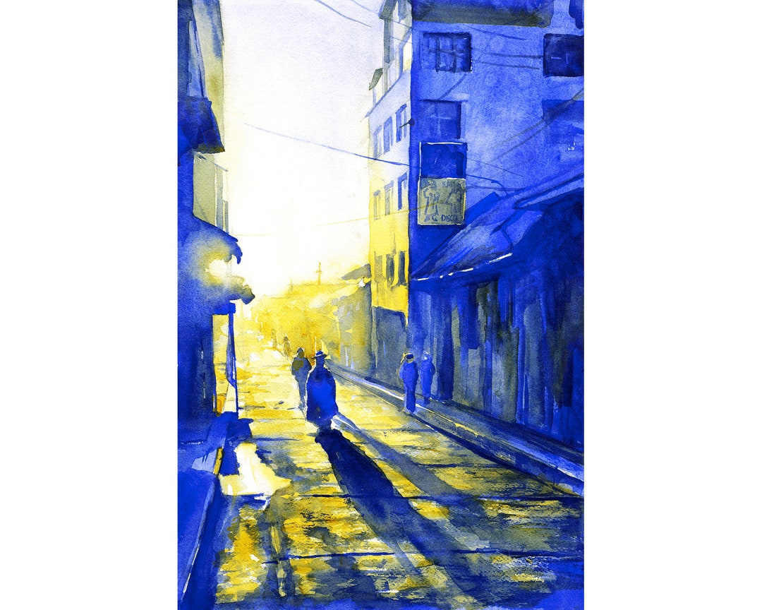 Peru Watercolor Painting- Puno. People on Street the City of Puno ...