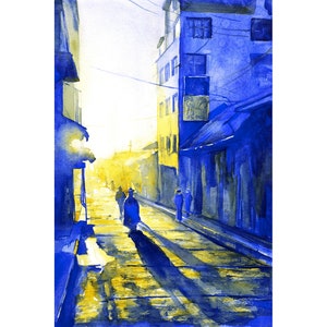 Peru Watercolor Painting- Puno. People on Street the City of Puno ...