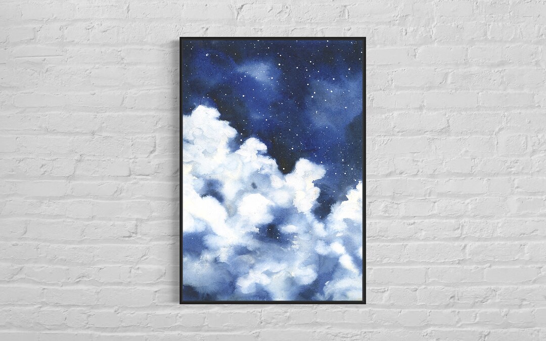 Starry Night Landscape Colorful Watercolor Clouds Kids Room Art ...