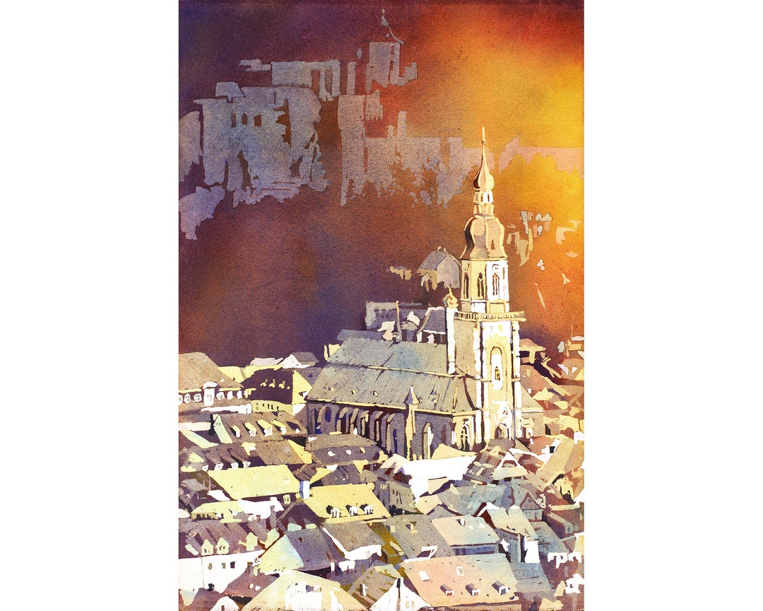 Germany Colorful Heidelberg Church Watercolor Painting Sunset Landscape ...
