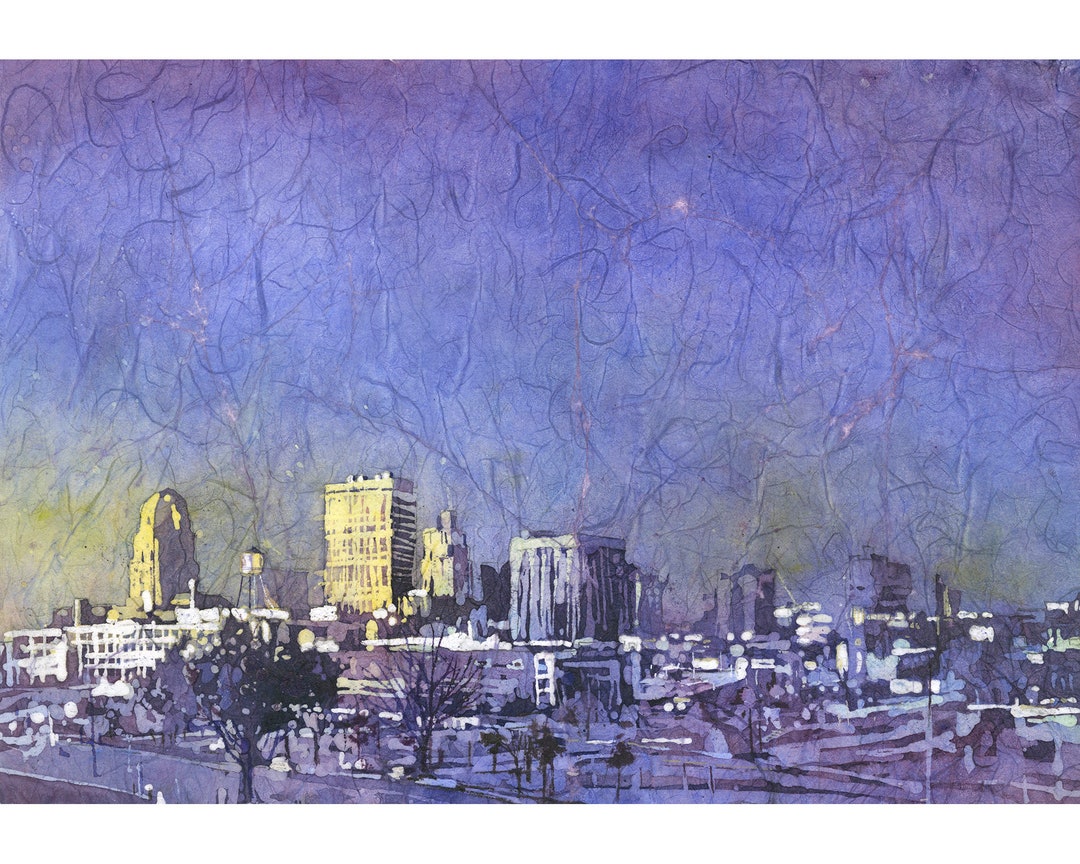 Winston-salem Skyline Watercolor Painting- Colorful NC Sunset Artwork ...