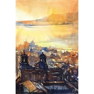 Colorful Watercolor Painting Cathedral Lake Titicaca Peru Sunset Art ...