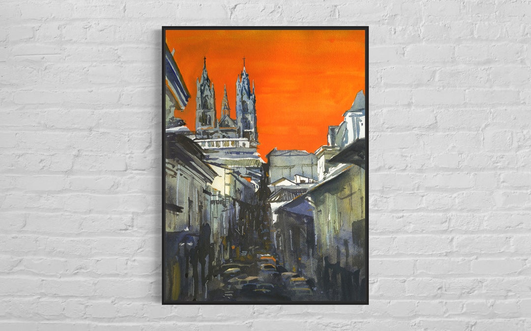 Watercolor Painting Basilica Quito, Ecuador Skyline. Colorful Wall Art ...