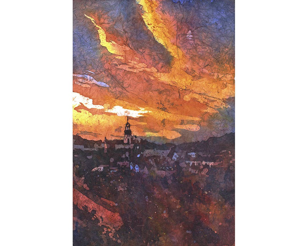 Watercolor Painting Tabor Czech Republic Sunset Landscape - Etsy