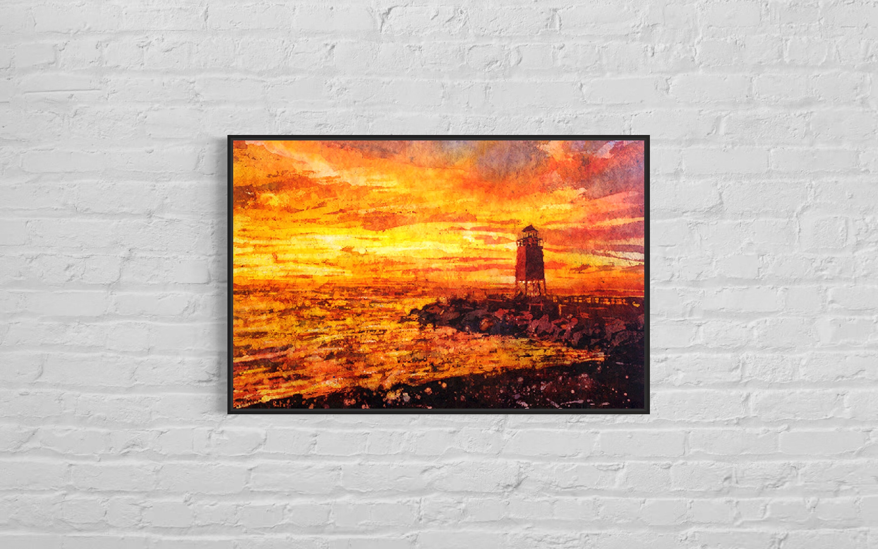 Charlevoix Michigan Lighthouse Watercolor Print, Colorful Sunset Wall ...