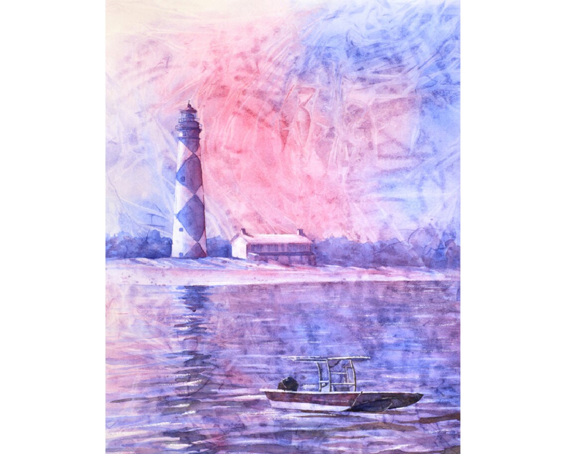 Cape Lookout Lighthouse Watercolor Print, Outer Banks NC Nautical Wall ...