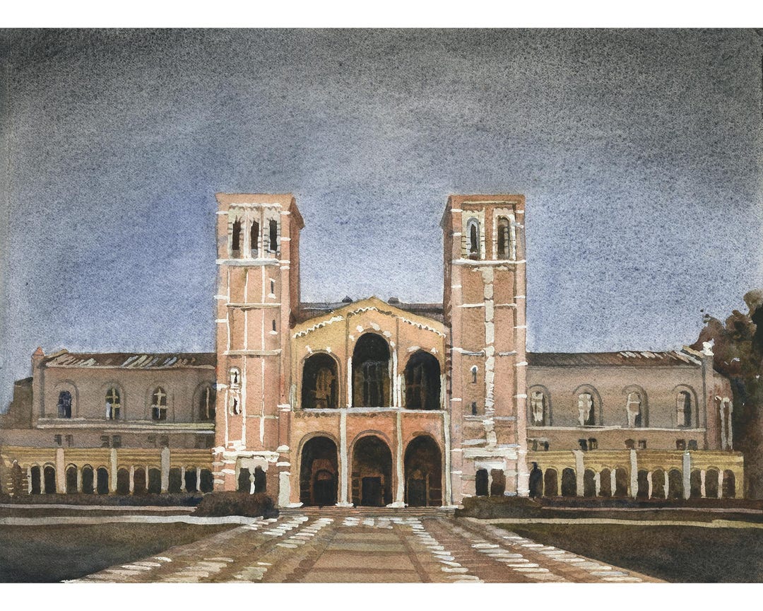 UCLA Royce Hall Watercolor Landscape Los Angeles California University ...